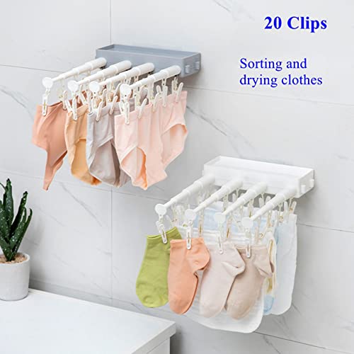 Cuzlarmul Clothes Drying Rack Wall Mount, 20 Clips Hole-Free Hidden Retractable Clothes Drying Rack Folding Indoor, Laundry Clothes Drying Rack Suitable for Drying Socks, Towels, Underwear, White