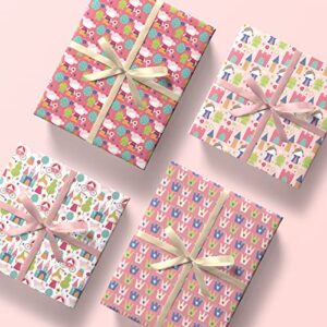 LDGOOAEL Birthday Wrapping Paper for Girls Kids - 4 Style Pink Red Girls Cute Hats house Patterns Gift Wrap for Birthday Summer Back To School - 19.6 inch X 27.5 inch Per Sheet…