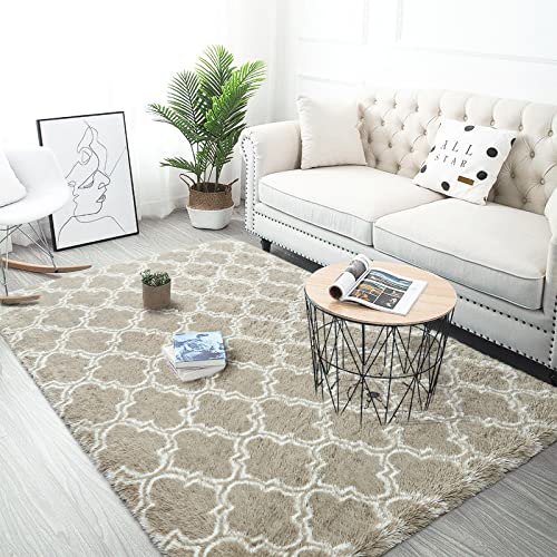 LOCHAS Luxury Shag Area Rug 5x7 Feet Geometric Plush Fluffy Rugs, Extra Soft and Comfy Carpet, Moroccan Rugs for Bedroom Living Room Dorm Kids Nursery, Beige/White