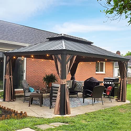 12' x 14' Hardtop Gazebo Outdoor Aluminum Gazebos with Galvanized Steel Double Canopy for Patios Deck Backyard,Curtains&Netting by domi outdoor living