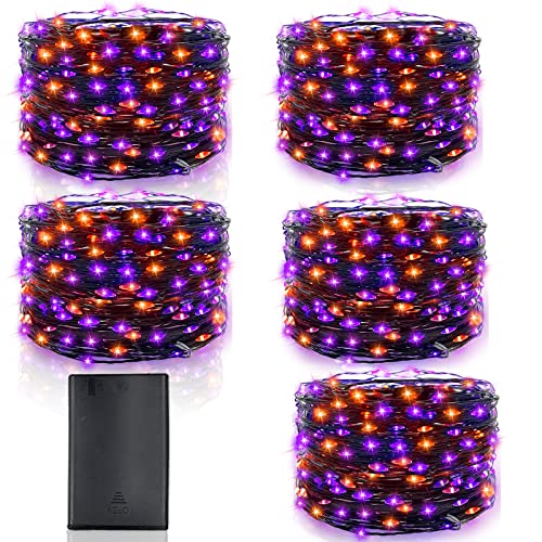 5 Pack Halloween String Lights Decor, Timer, Total 150 LED 50 Ft Battery Operated Copper Wire Purple Orange Fairy Lights Halloween Decorations Outside Yard Home Indoor Outdoor,30 LED 10 Ft Each