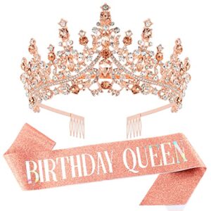 birthday sash and tiara for women rose gold glitter crystal tiara & "birthday queen" sash set birthday crown and sash for girls princess birthday decorations party