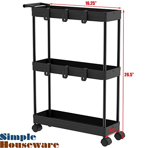 Simple Houseware 3-Tier Slim/Super Narrow Kitchen Cart with Handle, Hooks and Storage with Shelves, Black