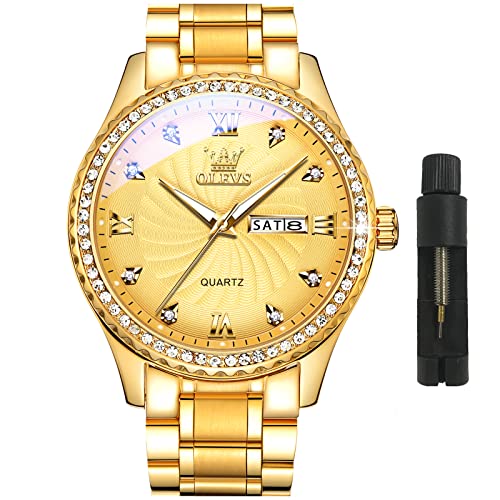 Fashion Gold Watches for Men Diamond Luxury Men's Wrist Watch With Day Date Waterproof Golden Stainless Steel Big Face Luminous Classic Dress Male Watches Casual Analog Quartz Watch for Young Man