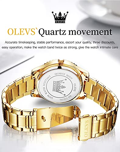 Fashion Gold Watches for Men Diamond Luxury Men's Wrist Watch With Day Date Waterproof Golden Stainless Steel Big Face Luminous Classic Dress Male Watches Casual Analog Quartz Watch for Young Man