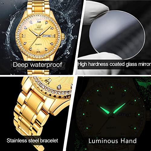 Fashion Gold Watches for Men Diamond Luxury Men's Wrist Watch With Day Date Waterproof Golden Stainless Steel Big Face Luminous Classic Dress Male Watches Casual Analog Quartz Watch for Young Man