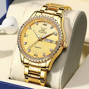 Fashion Gold Watches for Men Diamond Luxury Men's Wrist Watch With Day Date Waterproof Golden Stainless Steel Big Face Luminous Classic Dress Male Watches Casual Analog Quartz Watch for Young Man