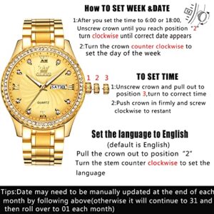 Fashion Gold Watches for Men Diamond Luxury Men's Wrist Watch With Day Date Waterproof Golden Stainless Steel Big Face Luminous Classic Dress Male Watches Casual Analog Quartz Watch for Young Man