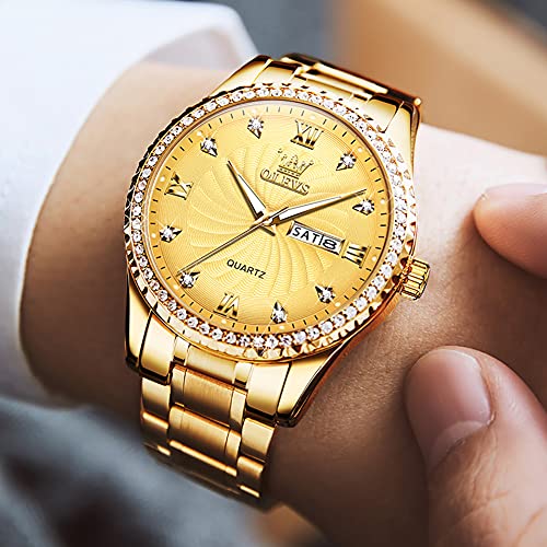 Fashion Gold Watches for Men Diamond Luxury Men's Wrist Watch With Day Date Waterproof Golden Stainless Steel Big Face Luminous Classic Dress Male Watches Casual Analog Quartz Watch for Young Man