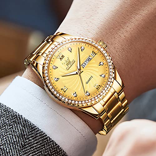 Fashion Gold Watches for Men Diamond Luxury Men's Wrist Watch With Day Date Waterproof Golden Stainless Steel Big Face Luminous Classic Dress Male Watches Casual Analog Quartz Watch for Young Man