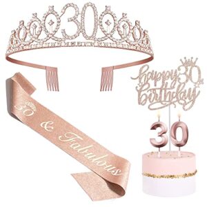 bella meri 30th birthday gifts for women, 30th birthday tiara crown, sash, cake toppers,birthday candles, 30 birthday decorations women