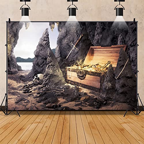 Renaiss Treasure Chest Backdrop for Photoshoot Adults Kids Portrait Adventure Gold Island Photography Background Sword Skull Jewellery Coins Sea Cave Pirate Party Decor 10x8ft Banner Photo Booth Props