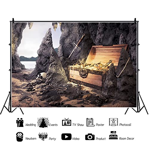 Renaiss Treasure Chest Backdrop for Photoshoot Adults Kids Portrait Adventure Gold Island Photography Background Sword Skull Jewellery Coins Sea Cave Pirate Party Decor 10x8ft Banner Photo Booth Props