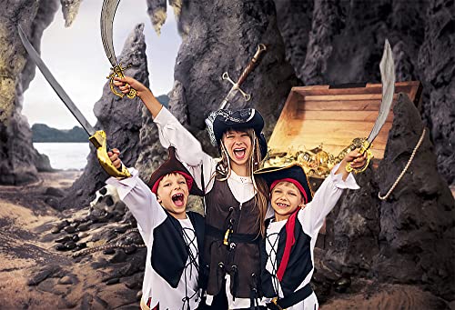 Renaiss Treasure Chest Backdrop for Photoshoot Adults Kids Portrait Adventure Gold Island Photography Background Sword Skull Jewellery Coins Sea Cave Pirate Party Decor 10x8ft Banner Photo Booth Props