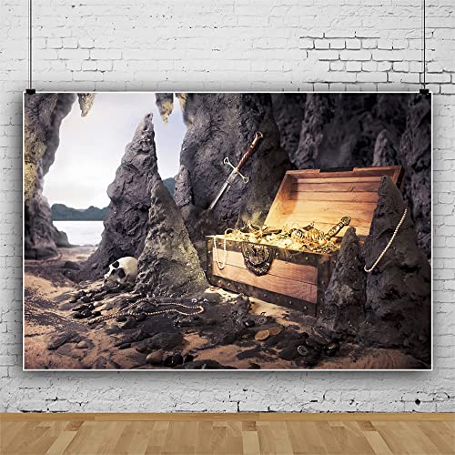 Renaiss Treasure Chest Backdrop for Photoshoot Adults Kids Portrait Adventure Gold Island Photography Background Sword Skull Jewellery Coins Sea Cave Pirate Party Decor 10x8ft Banner Photo Booth Props