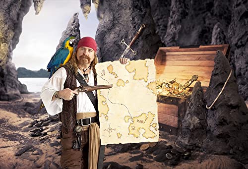 Renaiss Treasure Chest Backdrop for Photoshoot Adults Kids Portrait Adventure Gold Island Photography Background Sword Skull Jewellery Coins Sea Cave Pirate Party Decor 10x8ft Banner Photo Booth Props