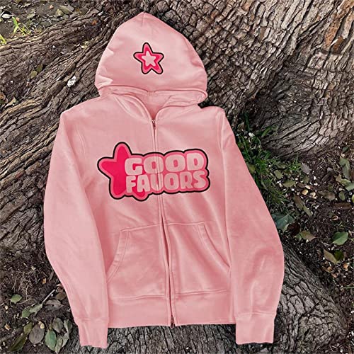 MAEHARRT Y2K Pink Zip Up Hoodie Graphic Full Zip Up Hoodie Over Face Cute Aesthetic Hoodies Y2k Jacket Casual Streetwear