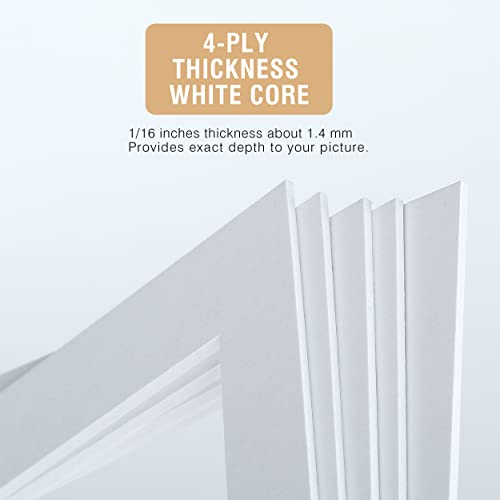 Falling in Art 50 Pack White Acid Free Pre Cut Mats - 11x14 Picture Frame Mats for 8x10 Photos with White Core Bevel Cut Matting for Prints, Artwork, and DIY Projects