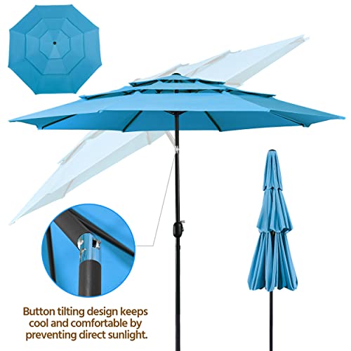 Yaheetech 3-Tier Patio Parasol - 10ft Vented Outdoor Table Umbrella w/Double-layer Cloth & Large Shade & Push-button Tilting for Yard/Garden/Park/Garden- Sky Blue