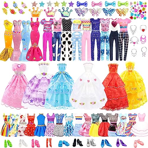 75Pcs Doll Clothes and Accessories Fashion Design kit for 11.5 Inch Doll Dress Up Including 2 Wedding Gown Dresses 1 Fashion Dress 2 Party Dress 8 Mini Dresses 3 Tops and Pants 10 Shoes 6 Necklaces