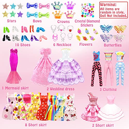 75Pcs Doll Clothes and Accessories Fashion Design kit for 11.5 Inch Doll Dress Up Including 2 Wedding Gown Dresses 1 Fashion Dress 2 Party Dress 8 Mini Dresses 3 Tops and Pants 10 Shoes 6 Necklaces