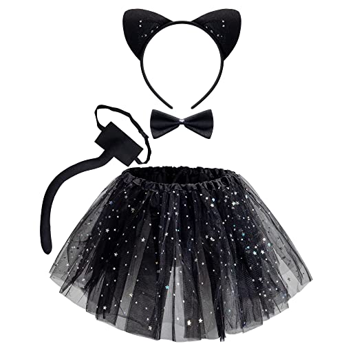 Spooktacular Creations Child Black Cat Costume Set with Tutu, Headband Collar and Tail, Cat Cosplay Accessory Kit for Girls, Halloween Dress Up Party, School Role Playing