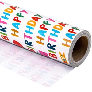 wrapaholic birthday wrapping paper roll - happy birthday lettering and gift box design for birthday, holiday, party, baby shower - 30 inch x 33 feet