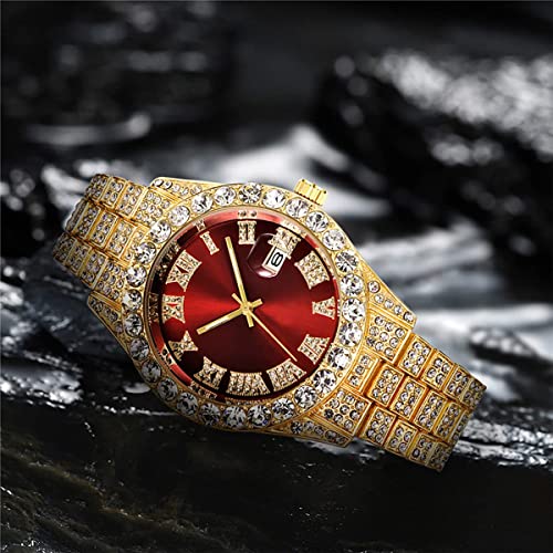 Unisex Luxury Iced Out Watch Mens Diamond Watches Roman Numerals Watches Quartz Analog Wrist Watch (Gold Red)