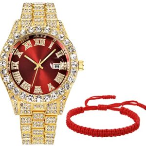 Unisex Luxury Iced Out Watch Mens Diamond Watches Roman Numerals Watches Quartz Analog Wrist Watch (Gold Red)