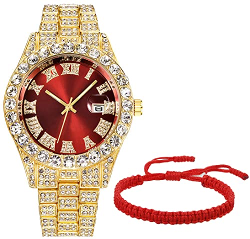 Unisex Luxury Iced Out Watch Mens Diamond Watches Roman Numerals Watches Quartz Analog Wrist Watch (Gold Red)