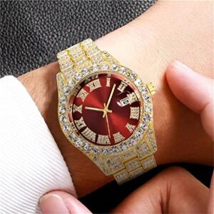 Unisex Luxury Iced Out Watch Mens Diamond Watches Roman Numerals Watches Quartz Analog Wrist Watch (Gold Red)