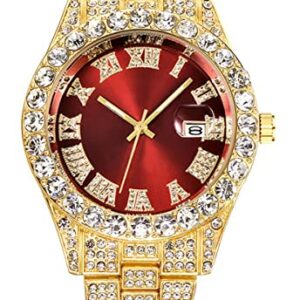 Unisex Luxury Iced Out Watch Mens Diamond Watches Roman Numerals Watches Quartz Analog Wrist Watch (Gold Red)