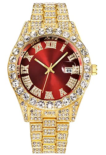 Unisex Luxury Iced Out Watch Mens Diamond Watches Roman Numerals Watches Quartz Analog Wrist Watch (Gold Red)