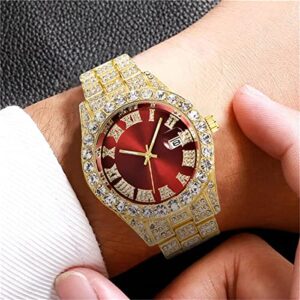 Unisex Luxury Iced Out Watch Mens Diamond Watches Roman Numerals Watches Quartz Analog Wrist Watch (Gold Red)