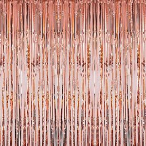 2-Pack 3.2ft x 8.2ft Rose Gold Metallic Tinsel Foil Fringe Curtains for Birthday Wedding Bridal Shower Baby Shower Bachelorette Celebration Party Decorations