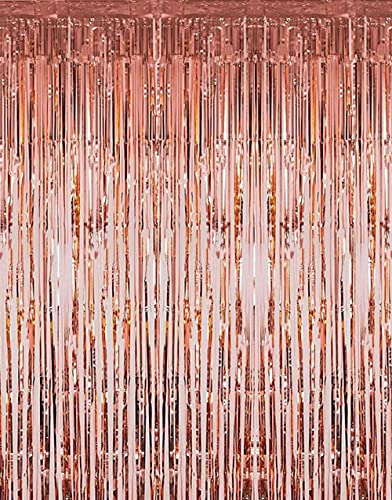 2-Pack 3.2ft x 8.2ft Rose Gold Metallic Tinsel Foil Fringe Curtains for Birthday Wedding Bridal Shower Baby Shower Bachelorette Celebration Party Decorations