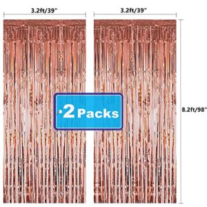 2-Pack 3.2ft x 8.2ft Rose Gold Metallic Tinsel Foil Fringe Curtains for Birthday Wedding Bridal Shower Baby Shower Bachelorette Celebration Party Decorations