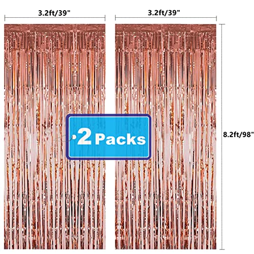 2-Pack 3.2ft x 8.2ft Rose Gold Metallic Tinsel Foil Fringe Curtains for Birthday Wedding Bridal Shower Baby Shower Bachelorette Celebration Party Decorations