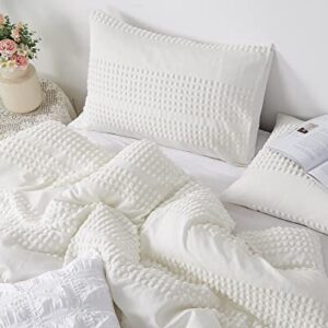 Cupocupa King Size Comforter Set;White Comforter Boho Tufted Lightweight Bedding Sets 3PCS Pom Pom Comforter Soft Jacquard Comforter with 2 Pillow Cases for All Season