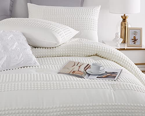 Cupocupa King Size Comforter Set;White Comforter Boho Tufted Lightweight Bedding Sets 3PCS Pom Pom Comforter Soft Jacquard Comforter with 2 Pillow Cases for All Season