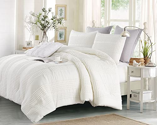 Cupocupa King Size Comforter Set;White Comforter Boho Tufted Lightweight Bedding Sets 3PCS Pom Pom Comforter Soft Jacquard Comforter with 2 Pillow Cases for All Season