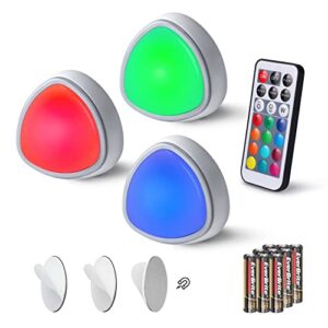 everbrite tap light, led puck lights, wireless push lights, remote controlled closet lights with 12 rgb colors, perfect for under cabinet, closets, pantry, with 9 aaa batteries, 3-pack