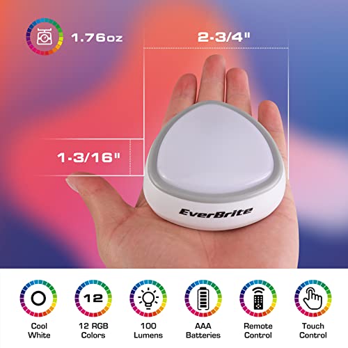 EverBrite Tap Light, LED Puck Lights, Wireless Push Lights, Remote Controlled Closet Lights with 12 RGB Colors, Perfect for Under Cabinet, Closets, Pantry, with 9 AAA Batteries, 3-Pack