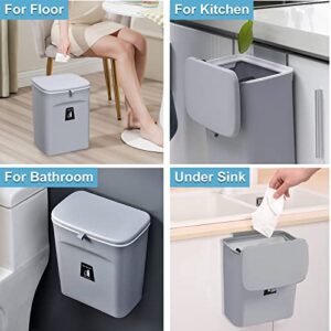 Hanging Small Trash Can with Lid for Counter Top or Under Sink, 2.4 Gallon Kitchen Compost Bin Garbage Can for Cupboard/Bathroom/Bedroom/Office/Camping, Waste Basket (Grey)