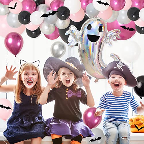 172Pcs Halloween Balloon Garland Arch Kit, Black Pink Sliver Halloween Balloons with 3D Bat Sticker Ghost Foil Balloon Pink Halloween Decor for Girls Kids Halloween Birthday Baby Shower Party Supplies