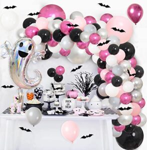 172pcs halloween balloon garland arch kit, black pink sliver halloween balloons with 3d bat sticker ghost foil balloon pink halloween decor for girls kids halloween birthday baby shower party supplies