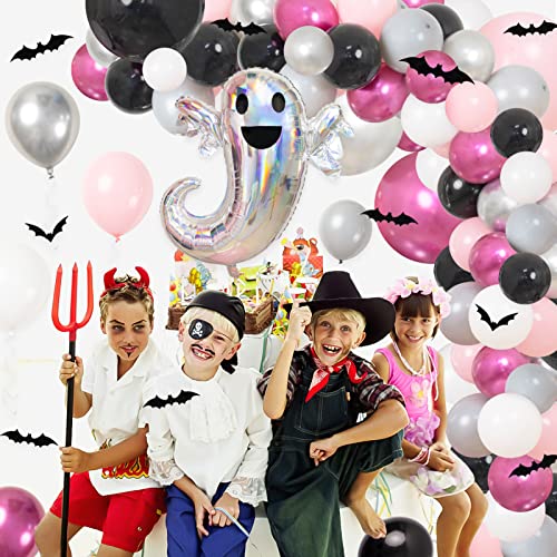 172Pcs Halloween Balloon Garland Arch Kit, Black Pink Sliver Halloween Balloons with 3D Bat Sticker Ghost Foil Balloon Pink Halloween Decor for Girls Kids Halloween Birthday Baby Shower Party Supplies