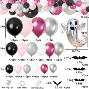 172Pcs Halloween Balloon Garland Arch Kit, Black Pink Sliver Halloween Balloons with 3D Bat Sticker Ghost Foil Balloon Pink Halloween Decor for Girls Kids Halloween Birthday Baby Shower Party Supplies