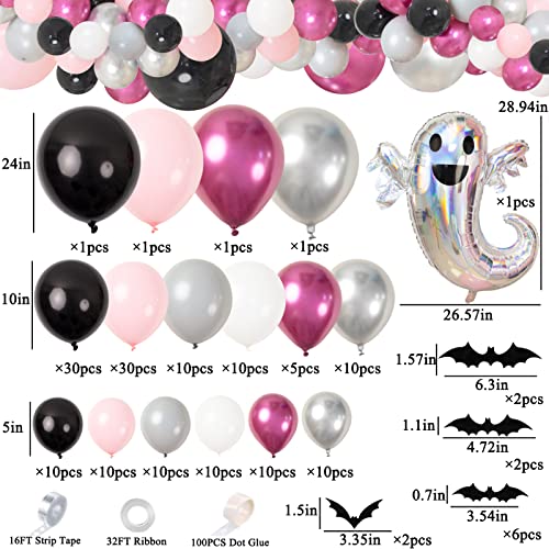 172Pcs Halloween Balloon Garland Arch Kit, Black Pink Sliver Halloween Balloons with 3D Bat Sticker Ghost Foil Balloon Pink Halloween Decor for Girls Kids Halloween Birthday Baby Shower Party Supplies