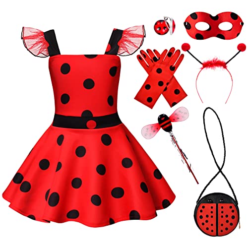 Ladybug Dress Costume for Girls with Polka Dots Tutu Dress Halloween Birthday Dress Up Pretend Play for Kids 3-8 (5-6)